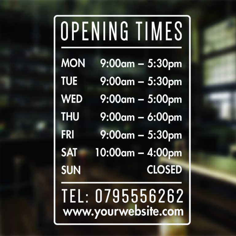 Opening Hours Times Shop Custom Vinyl Sign Sticker for Window Door or ...