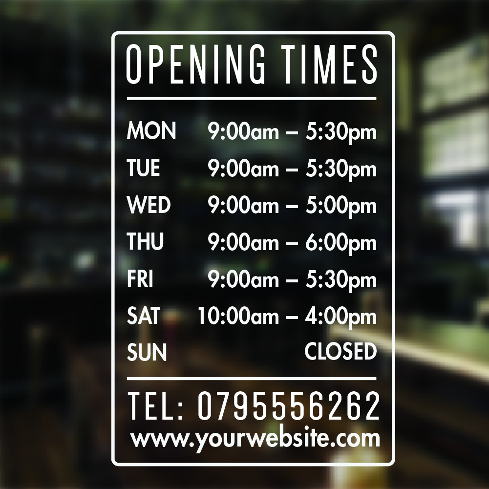 Opening Hours Times Shop Custom Vinyl Sign Sticker For Window Door Or